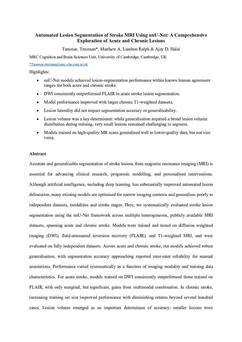 Automated Lesion Segmentation of Stroke MRI Using nnU-Net: A ...